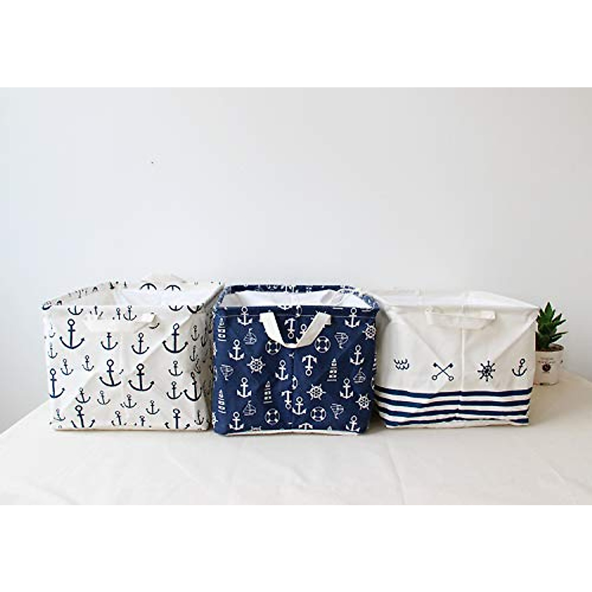 Orino Waterproof Nursery Nautical Fabric Large Storage Baskets with Drawstring Beach Anchor Theme Collapsible Storage Bins Mediterranean Style for cloth, toys, books,sundries, Set of 3(17.5x12x9) inch
