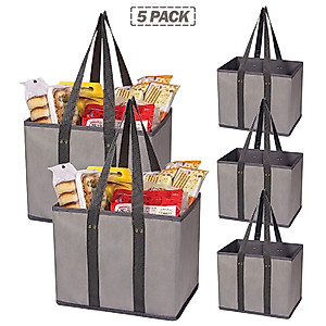 5 Pack Large Reusable Grocery Bags Foldable Durable Heavy Duty Tote Bag Set Eco Friendly Collapsible Shopping Cart Boxes Storage Bins Cubes with Long Handles Reinforced Bottom