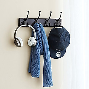 SONGMICS Wooden Wall Mounted Coat Rack 16 Inch Rail with 4 Metal Hooks for Entryway Bathroom Closet Room Dark Brown