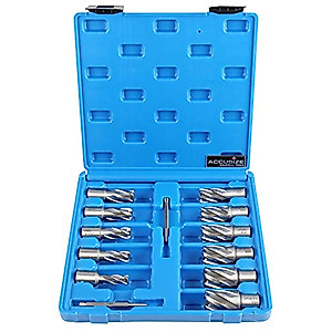 Accusize Industrial Tools 13 Pc 7/16'' to 1-1/16'' Hss Annular Cutters, 1'' Cutting Depth, 3/4'' Weldon Shank, with 2 Pilot Pins, Strong Box, N10