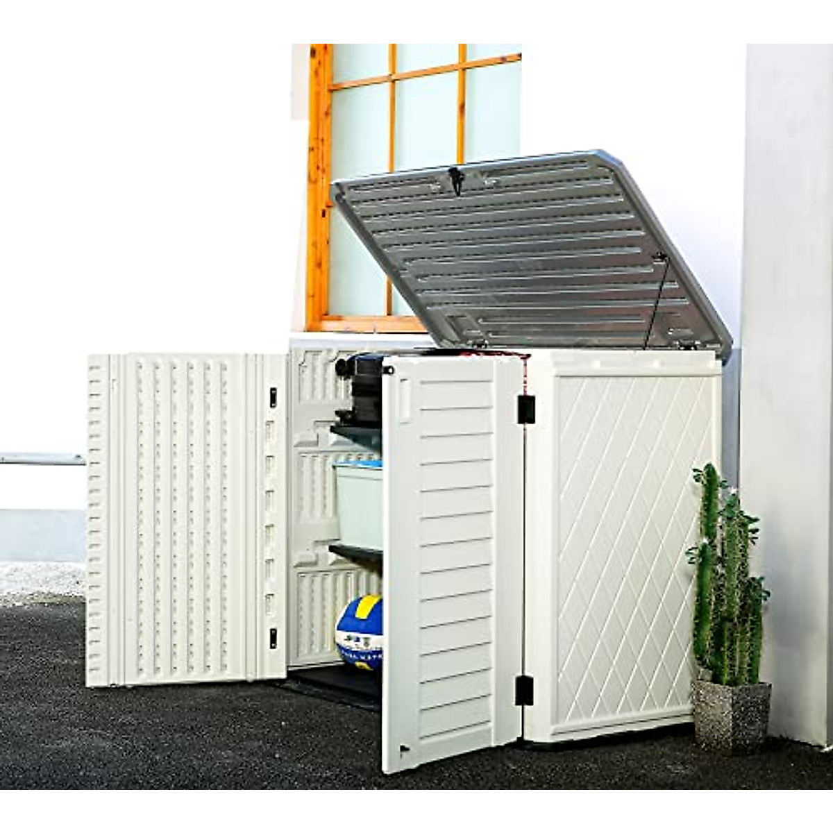 HOMSPARK Storage Shed Horizontal Outdoor Storage Box Weather Resistance, Multi-Purpose Shed Lockable with Floor - Durable Storage for Yard Toys, Garden Tools, Patio Accessories, Cream White