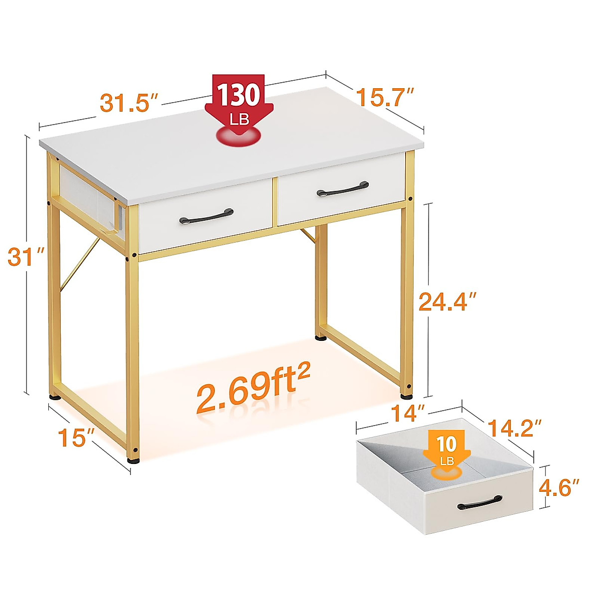 ODK Vanity Desk Without Mirror, Makeup Vanity with 2 Fabirc Drawers, White Vanity Dressing Vanity Table with Versatile Hook, 32 Inch Small Vanity for Bedroom, Desk Make Up for Girls, White and Gold