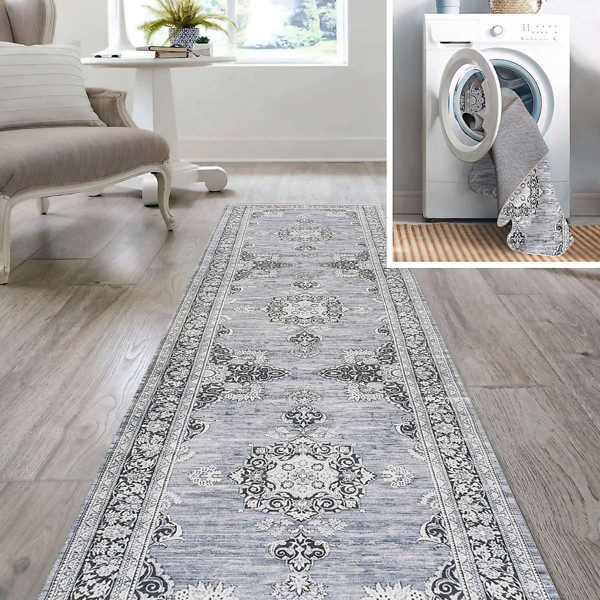 JONATHAN Y WSH201A-28 Bausch Bohemian Distressed Chenille Machine-Washable Runner Rug, Classic, Mediterranean, Rustic for Living Room, Dining Room, Bedroom, Kitchen, Gray/White, 2 X 8