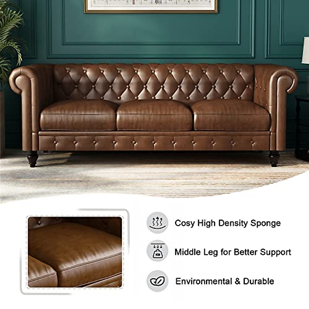 Kadway Brown Leather Sofa Couch, 89" Chesterfield Button-Tufted Couch for 3-4 Persons, Upholstered 3 Seater Couches, Large Sectional Sofa Couch, Deep Seat Sofa for Living Room Apartment Home Office