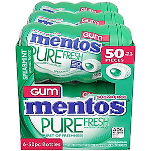 Mentos Pure Fresh Sugar-Free Chewing Gum with Xylitol, Spearmint, 50 Piece Bottle (Bulk Pack of 6)
