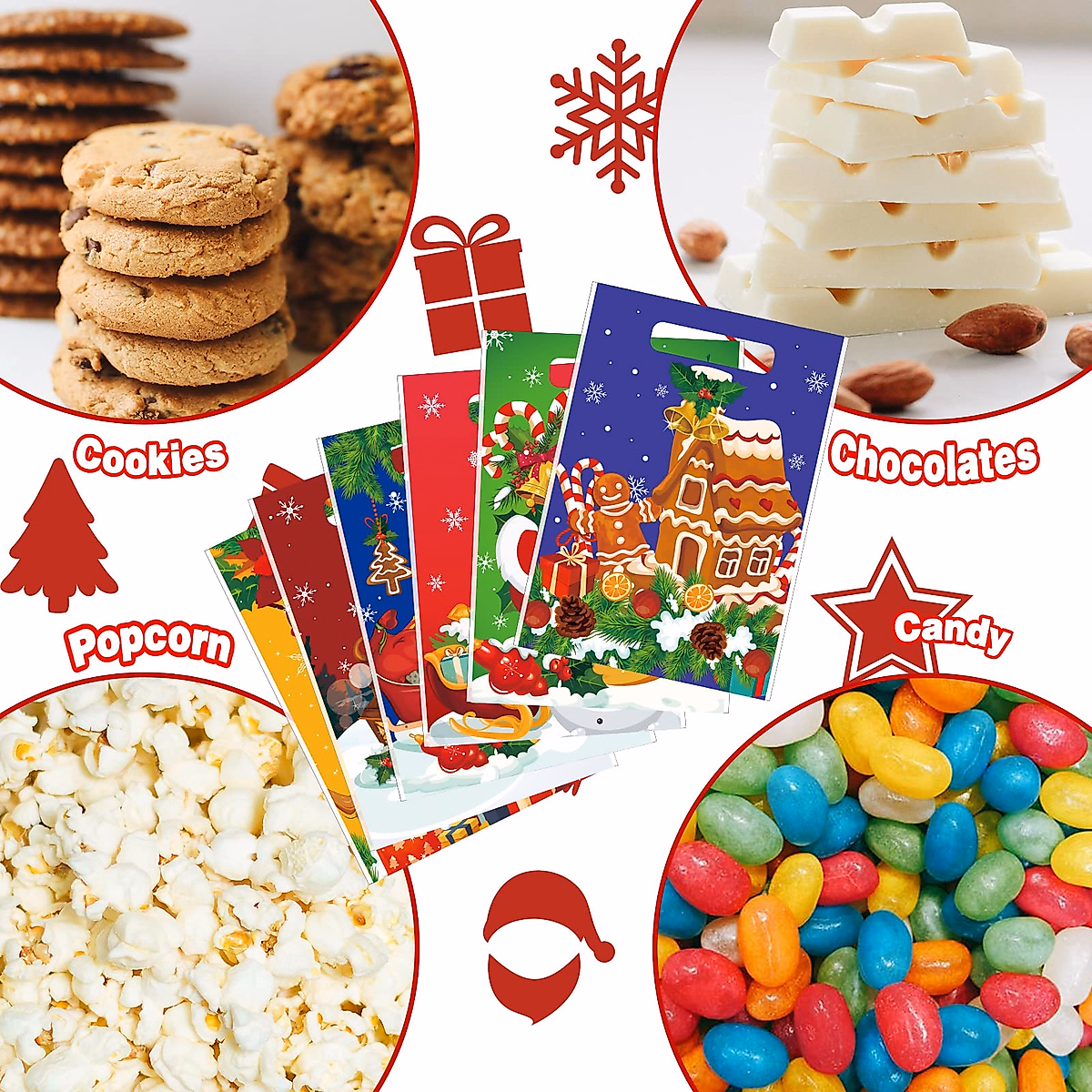 150 Pieces Christmas Bags Christmas Snacks Bags Xmas Plastic Party Favor Bags with Handles Christmas Gift Wrap Bags Goodie Bags for Christmas Holiday Goody Gift Party Decoration Supplies, 6 Styles