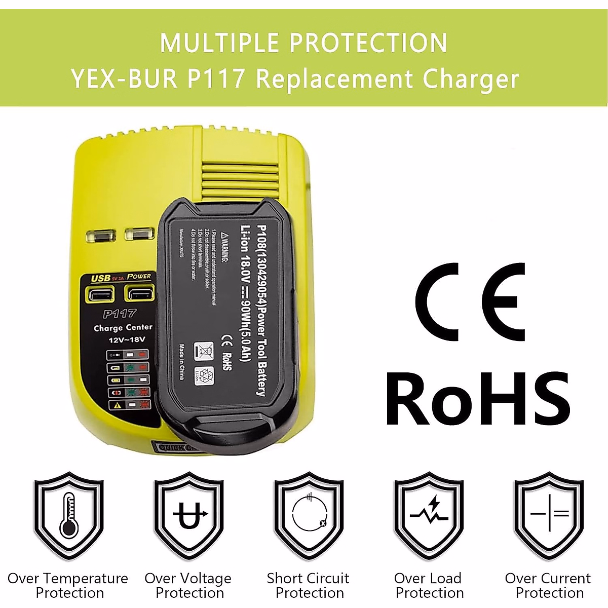 VANTTECH 2Pack P102 18V 3.0Ah Lithium Replacement Battery & P117 3A Fast Charger Compatible for Ryobi 18V Battery P103 P104 P105 P107 P108 P109 Compatible with Ryobi 18Volt Plus Power Cordless Tools