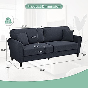 Vongrasig 87.4" Loveseat Sofa, Mid Century Modern Linen Fabric 3-Seater Love Seat Couch with Curved Armrest for Living Room, Bedroom, Apartment and Small Space (Dark Grey)