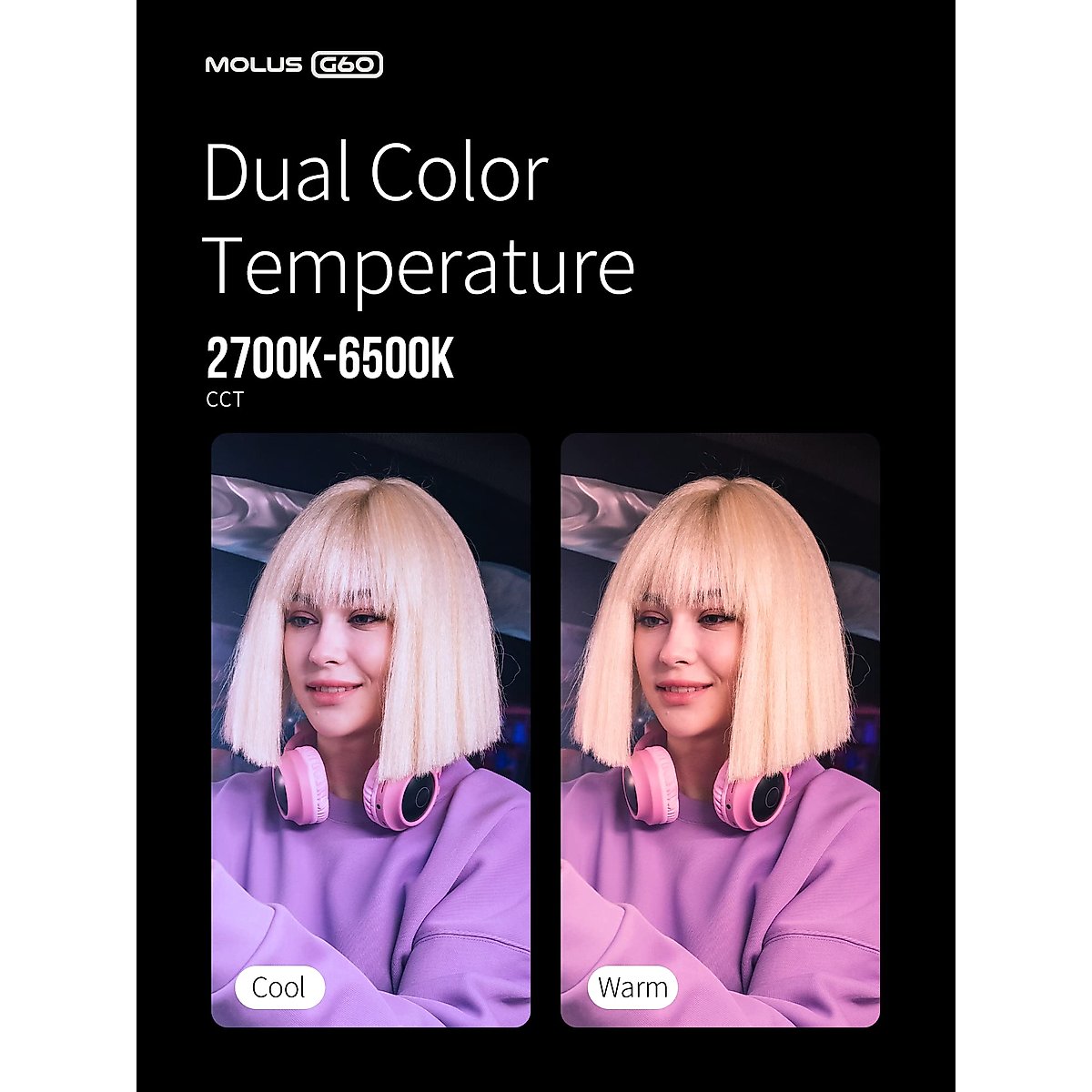 ZHIYUN Molus G60, Bi-Color Video Light, 300g Portable 60W COB LED Continuous Output Lighting, CRI≥96, TLCI≥97, Bluetooth App Control, ZY Mount Ecosystem DC/PD Power Supply