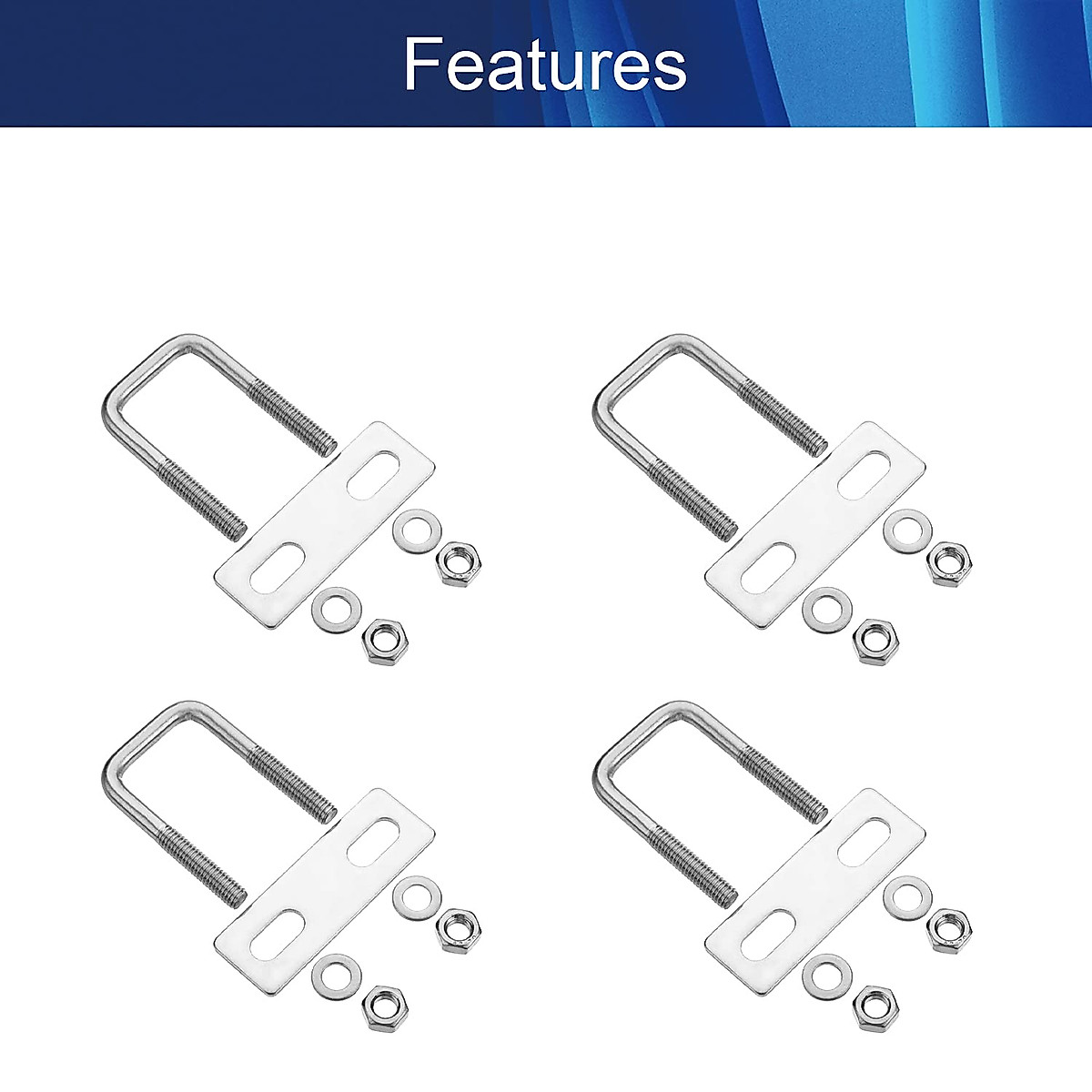 Juvielich 4Pcs Square U-Bolts,1" Inner Width,M6x25x50mm U-Bolt,304 Stainless Steel Square Bend U-Bolt with Nuts, Washers and Frame Plate,U Bolt Kit for Ski Boat, Automobiles Trailer, Sailboat Trailer