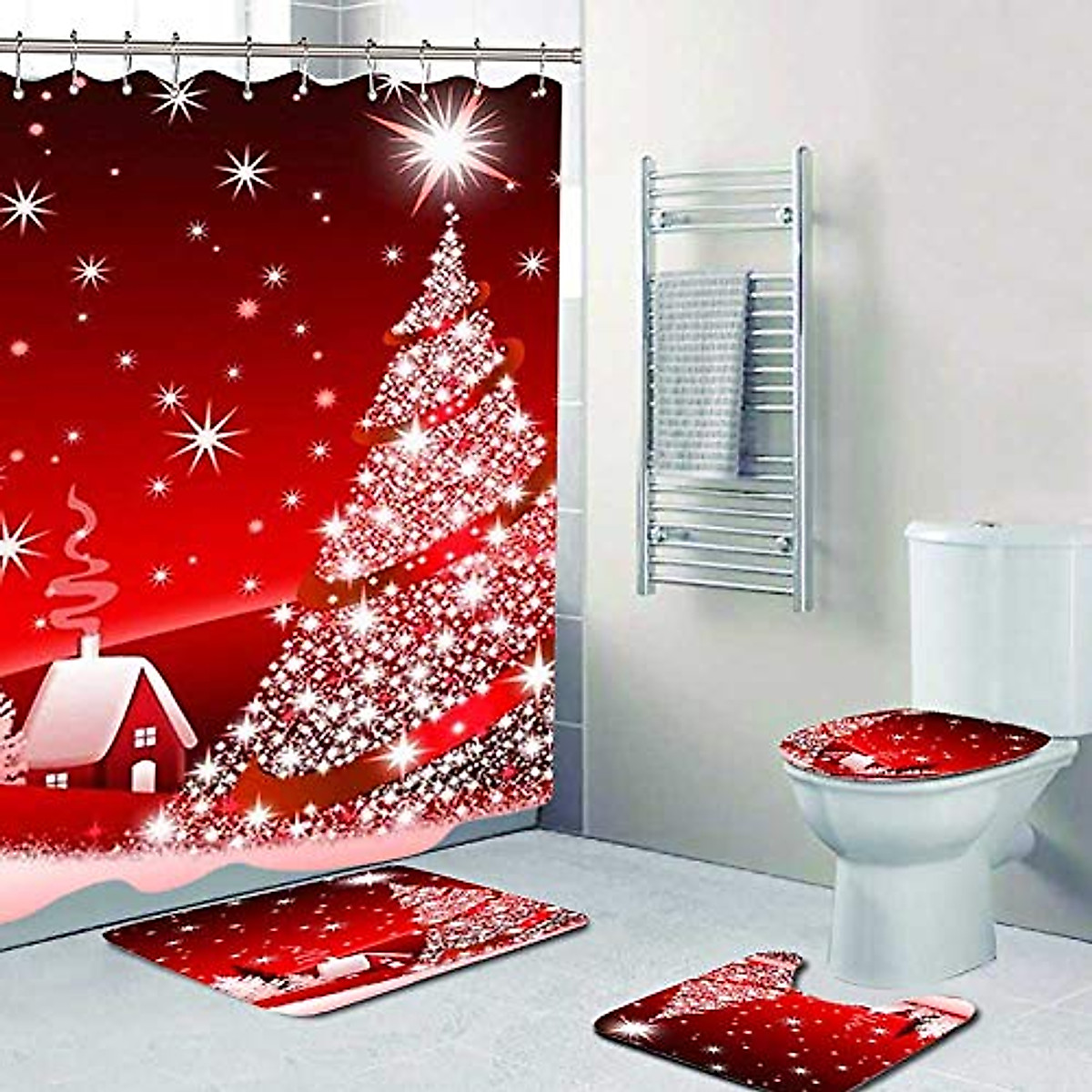 zhangwei Shower Curtains for Bathroom, Christmas Shower Curtain Set for Bathroom, Winter Holiday Festival New Year Shower Curtain Sets with 12 Hooks and Non-Slip Rugs, Bath Mat, Toilet Lid Cover