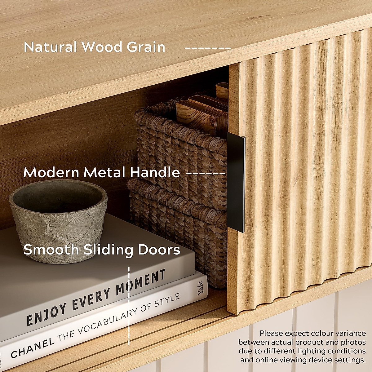 EYYTHUNG Fluted Wall Cabinet with Sliding Doors, Modern Large Floating Nightstand Storage Shelf Bedside Tables for Bedroom, Study Room Natural Oak