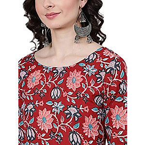 Amayra Women's Rayon Printed Anarkali Kurti with Palazzos and Dupatta Set (Maroon, Small)