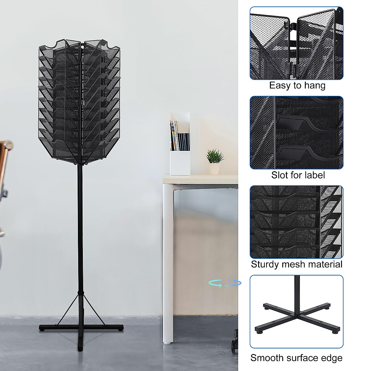 TQVAI Brochure Display Stand, 30 Pockets Rotating Display Rack for Magazine Literature Greeting Cards Comic Books, Hanging Wall File Organizer Holder, Black