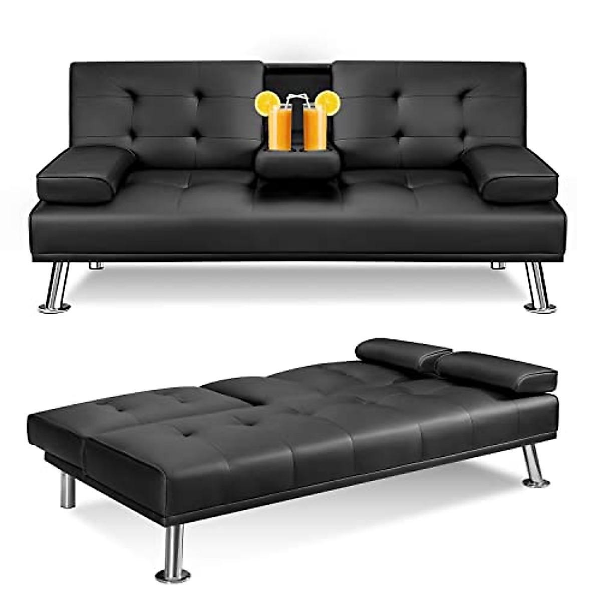 VICTONE Futon Sofa Bed Modern Faux Leather Couch Bed Convertible Folding Recliner for Living Room with 2 Cup Holders and Armrest (Black)