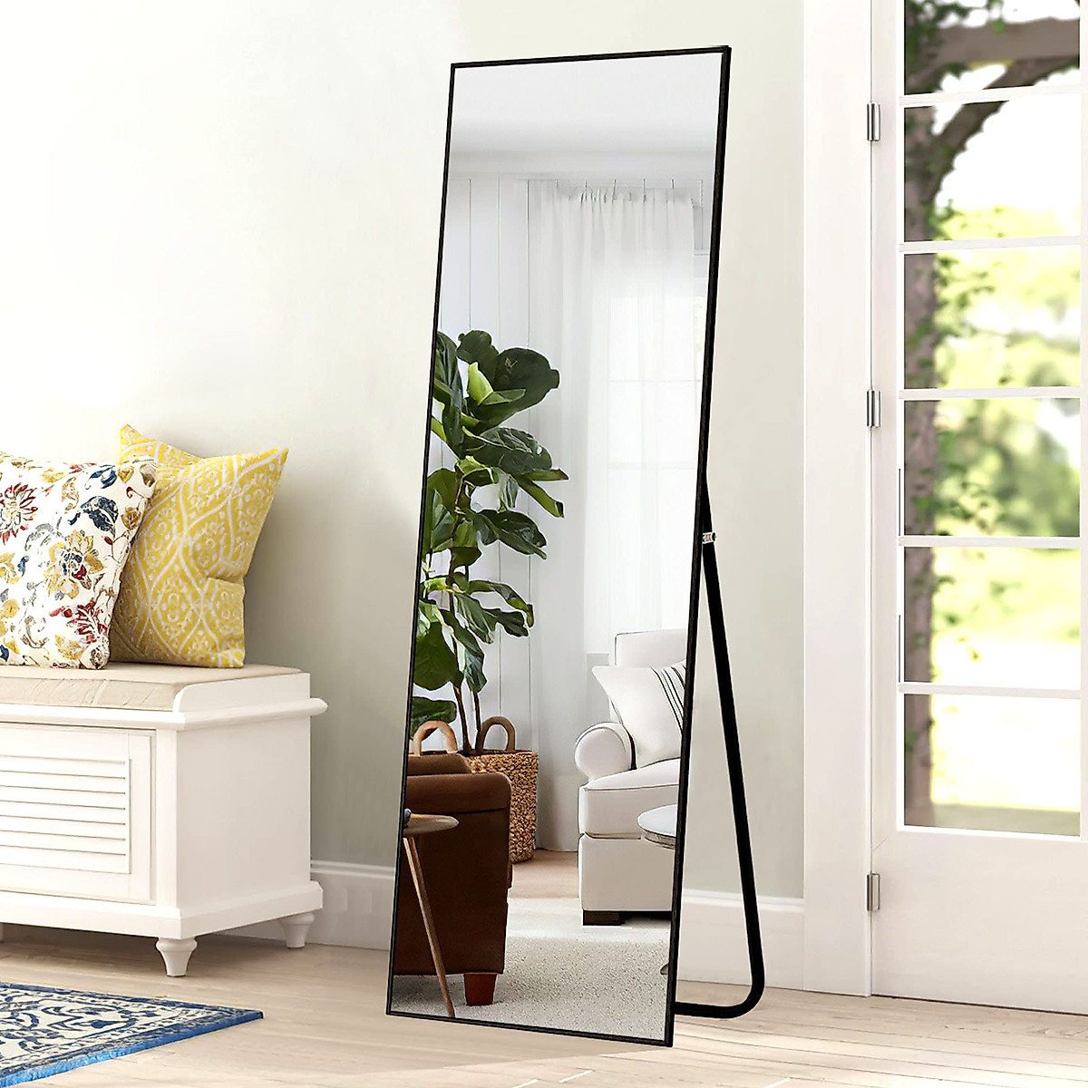 KIAYACI Full Length Floor Mirror with Stand 47"x16" Large Wall Mounted Full Body Mirror Horizontal/Vertical Bedroom Mirror Dressing Mirror Aluminum Alloy Frame Black