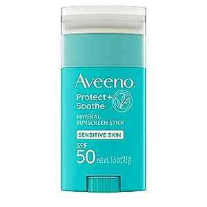 Aveeno Protect + Soothe Mineral Sunscreen Stick for Sensitive Skin, SPF 50, Water-Resistant for 80 minutes, Face & Body Sunscreen with Zinc Oxide & Oat, Fragrance-Free, Travel Size, 1.5 OZ