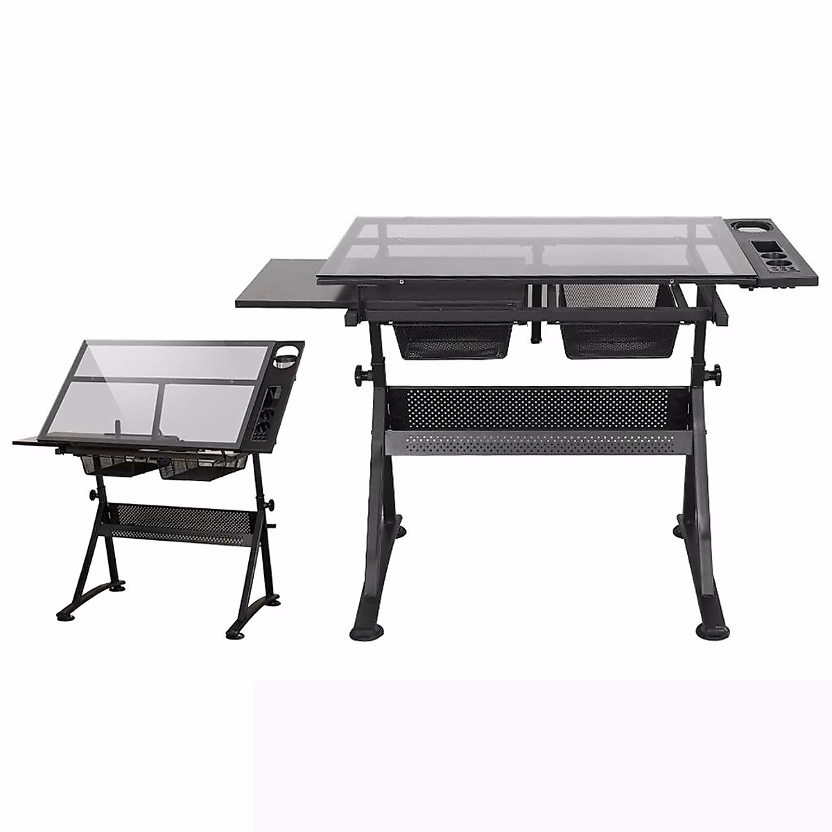 VejiA Drafting Table with Storage, Height Adjustable Tiltable Art Desk, Glass Panel Drawing Desk, for Work Study Painting Craft Table