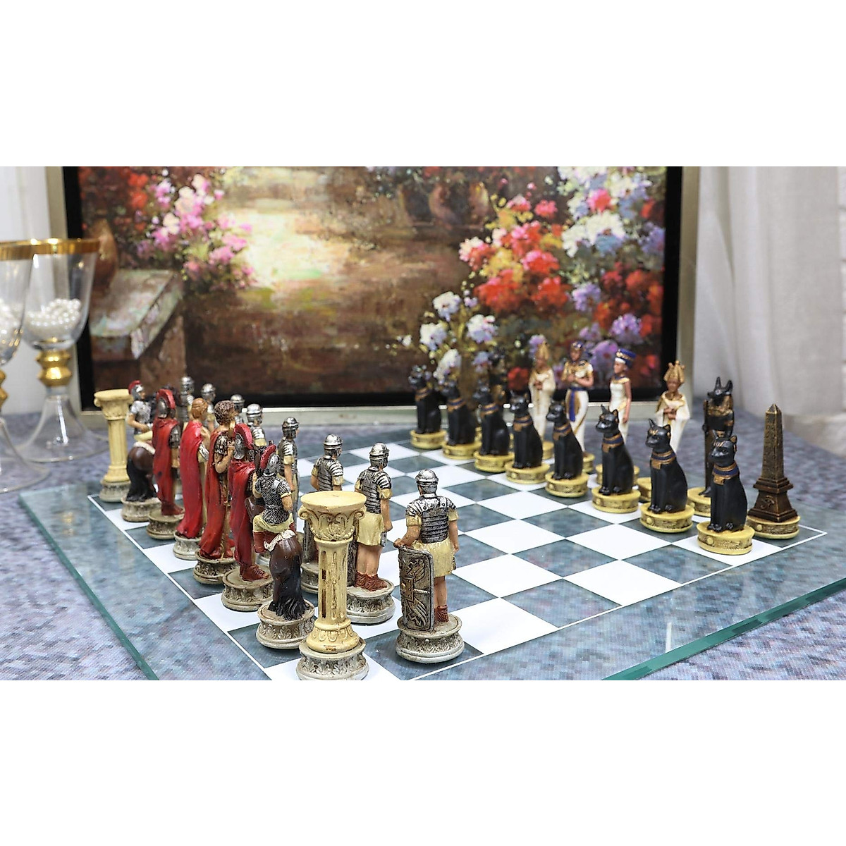 Ebros Gift Historical Themed Chess Set Egyptian Ptolemaic Pharaoh Army VS Augustus Caesar Roman Empire Centurions Resin Sculpted Chess Pieces with Checker Frosted Glass Board Gaming Set