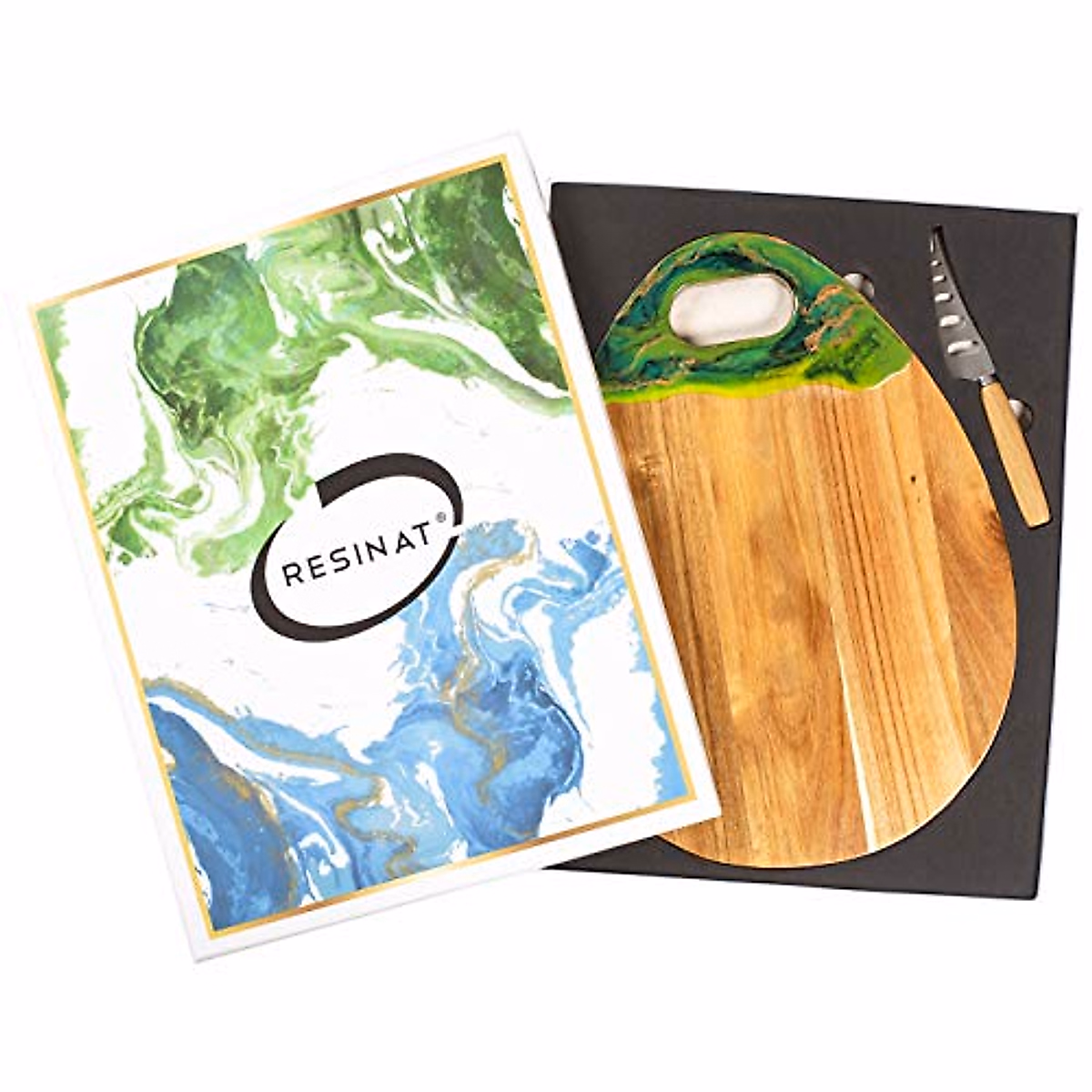 Wood Cheese Board and Knife Set, Large Cutting Board,16" x 12", Charcuterie board, Handmade Forest Resin decorated Tear Drop shape… (Forest)