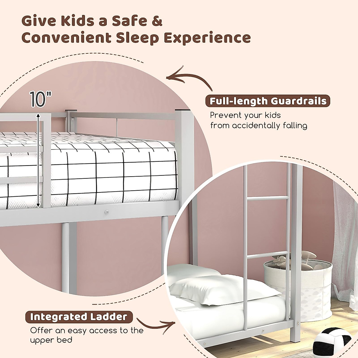 Giantex Twin Over Twin Metal Bunk Beds, Heavy Duty Bed Frame with Safety Guard Rail & Ladder, Low Floor Bunk Bed for Boys Girls Adults Dormitory Bedroom, Noise Free, No Box Spring Needed (Silver)