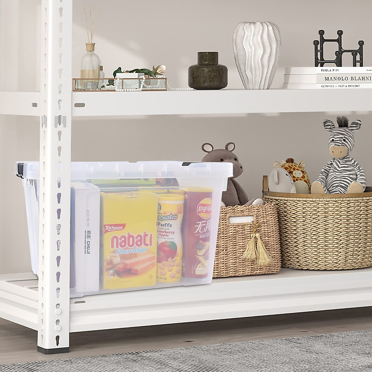 Morcte 4-Pack Clear Plastic Storage Box with Lid and Wheel, 32 L Plastic Storage Boxes