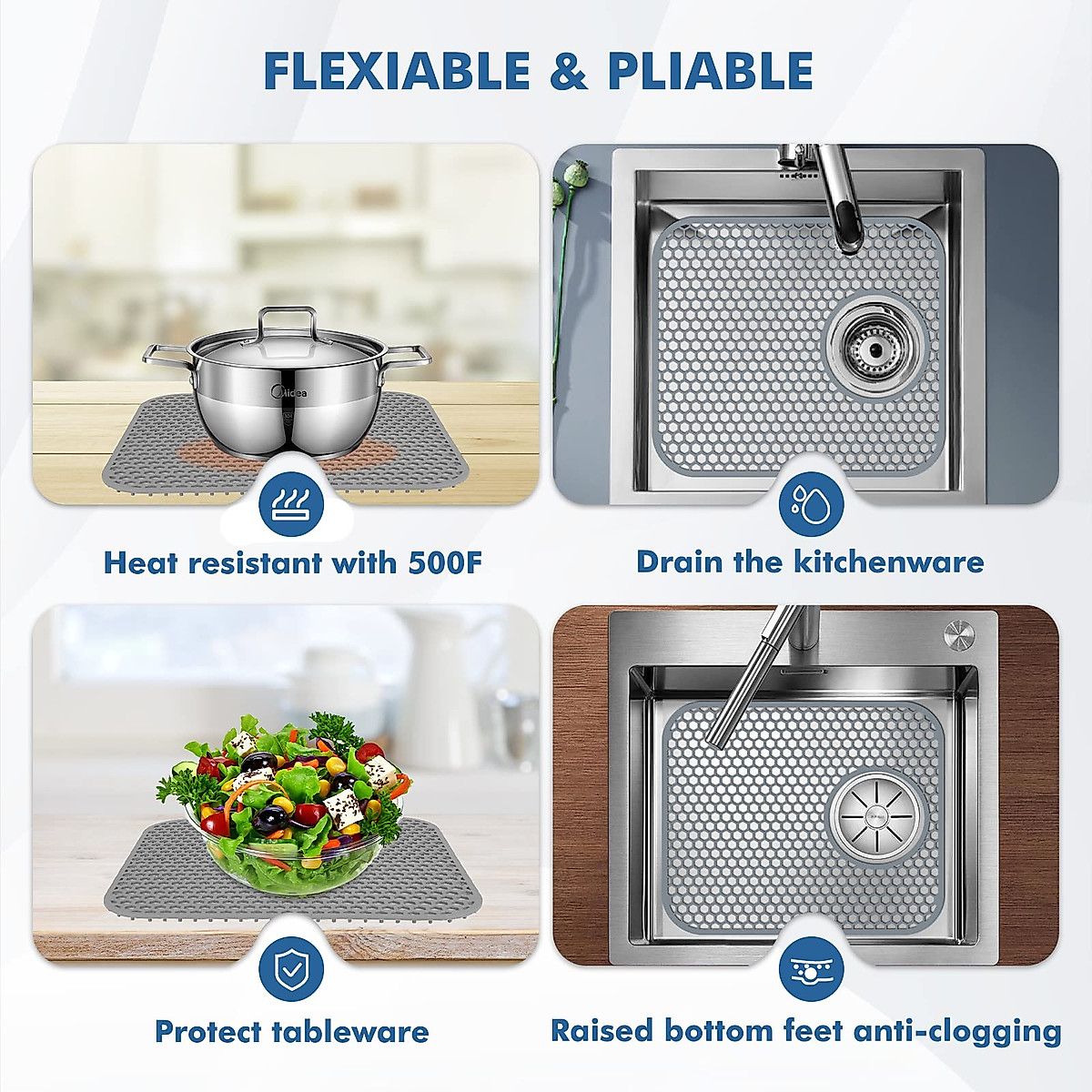 Bestjing Silicone Sink Protector, 13.58''x 11.6'' Rear Drain Kitchen Sink Mats Accessory, Folding Non-Slip Heat Resistant Sink Mat Grid for Bottom of Stainless Steel or Porcelain Sink (Rear Hole)