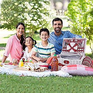 Picnic Basket for 4 Person Wicker Picnic Hamper with Waterproof Blanket, Insulated Cooler Compartment & Tableware Set (White/Red)