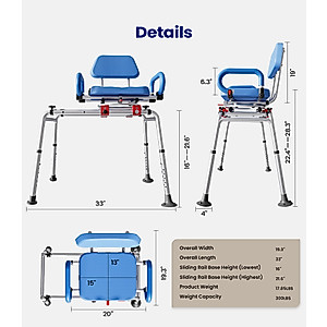 VOCIC Sliding Shower Chair, Swivel Tub Transfer Bench, Adjustable Height Shower Bench for Elderly, Bath Bench with Armrests & Swivel Padded Seat