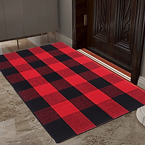 Beupy Black & Red Christmas Door Mat Buffalo Plaid Doormat 18 x 29'' Winter Holiday Non-Skid Floor Mat Switch Mat Indoor Outdoor Home Garden Easy to Clean Low Profile Mat