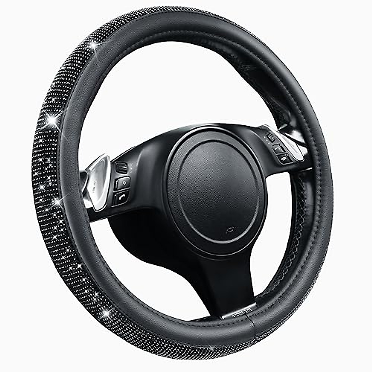 CAR PASS Bling Diamond Leather Steering Wheel Cover, With Bling Sparkly Crystal Glitter Rhinestones Universal Fit 14"1/2-15" Car Wheel Protector for Women Girl Fit Suvs,Vans,Sedans,Cars,Trucks, Black
