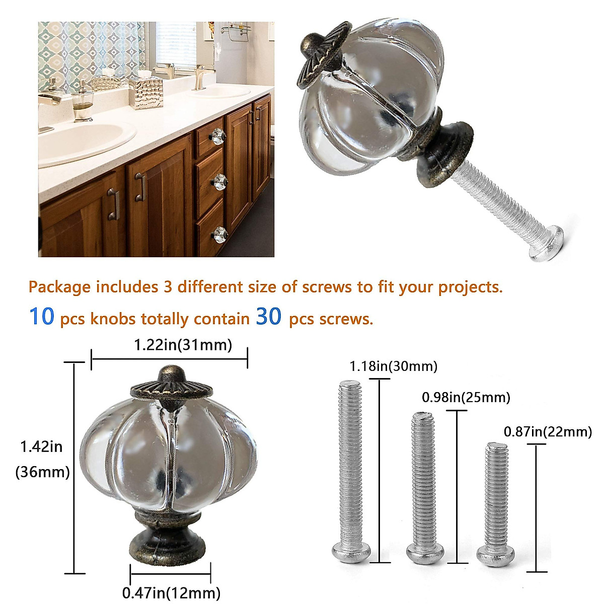 Perphin Acrylic Cabinet Knobs, Clear Pumpkin Dresser knobs Antique Set of 10 Vintage Decorative DIY Handles Pulls for Wardrobe, Closet, Drawers, Kitchen Furniture or Kids Room with 3 Sized Screws