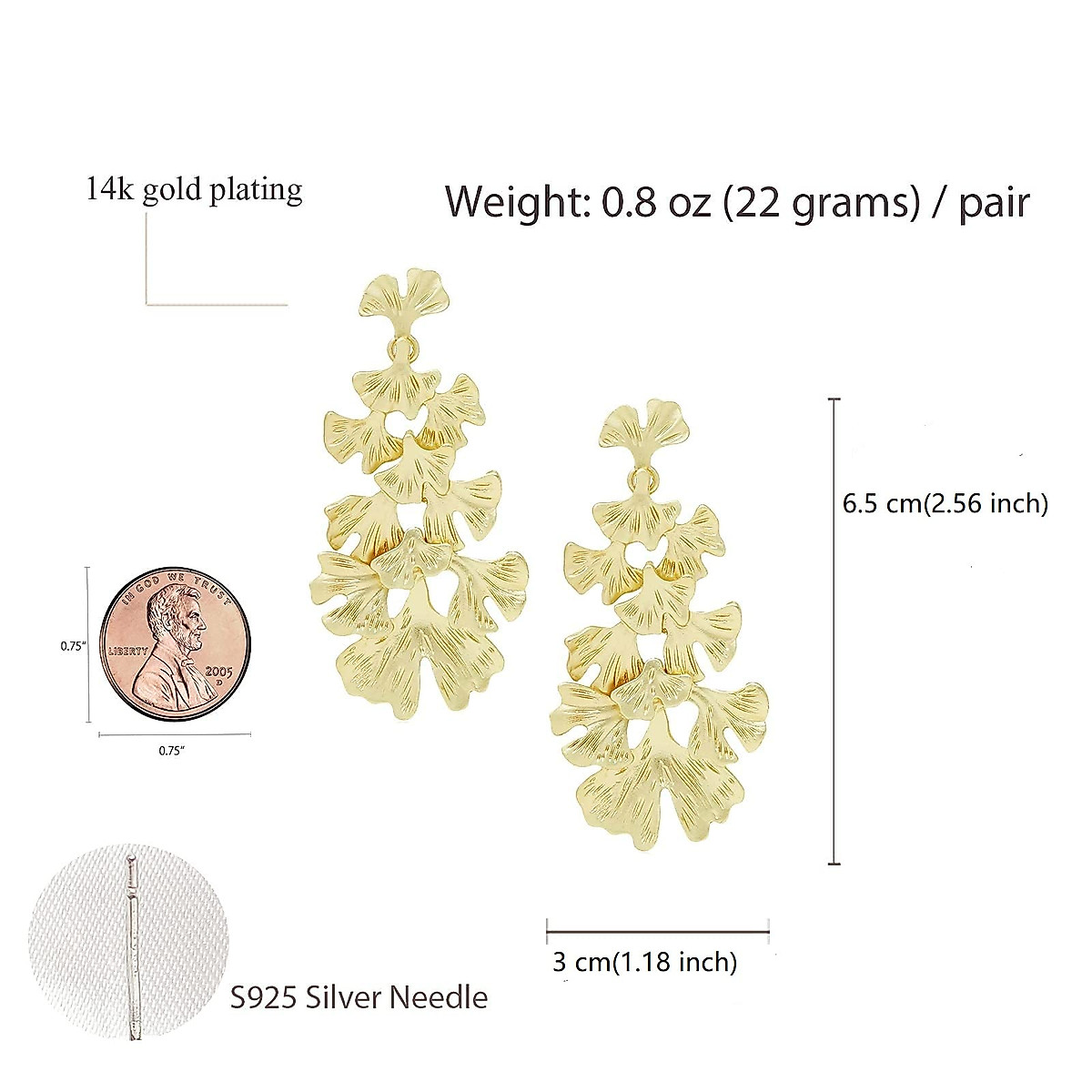 Vintage Earrings for Women Matt Metal Ginkgo Biloba Textured Statement Earring 14K Gold Plated Dangle Earrings with Stud for Women Wedding Valentine's Day Anniversary Birthday Mothers Day Christmas