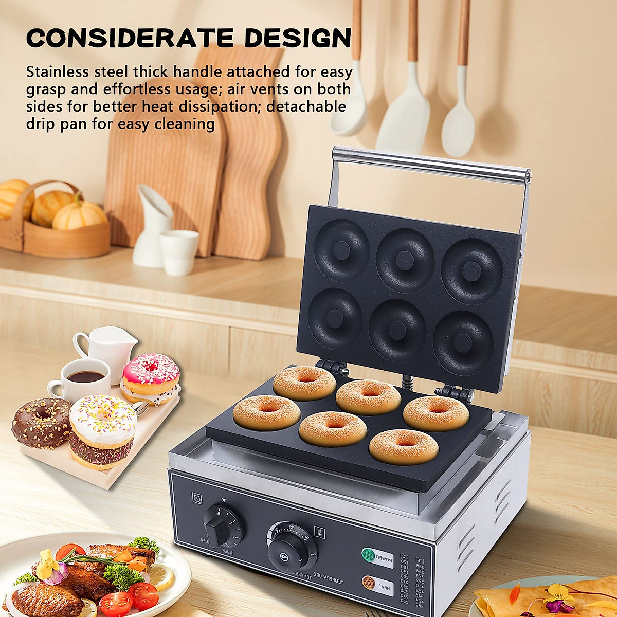 Donut Maker Machine Electric Doughnut Baker Maker Machine 110V Commercial Use Nonstick, Temperature 122-572℉,Commercial Waffle for Restaurant and Home Use (6 Holes Donut Maker)