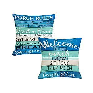 Jartinle Coastal Stripe Outdoor Pillows Covers 18x18 for Patio Furniture Waterproof, Welcome to Our Porch Throw Pillow Covers Square Linen for Couch Outside Bench Set of 2
