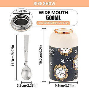 JUNZAN Handdrawn Cute Lion Cartoon Animals Kids Womens Food Insulated Jar with Spoon 17oz/500ml Lunch Box Containers Stainless Steel Vacuum Portable Lunch Boxes for Office Accessories