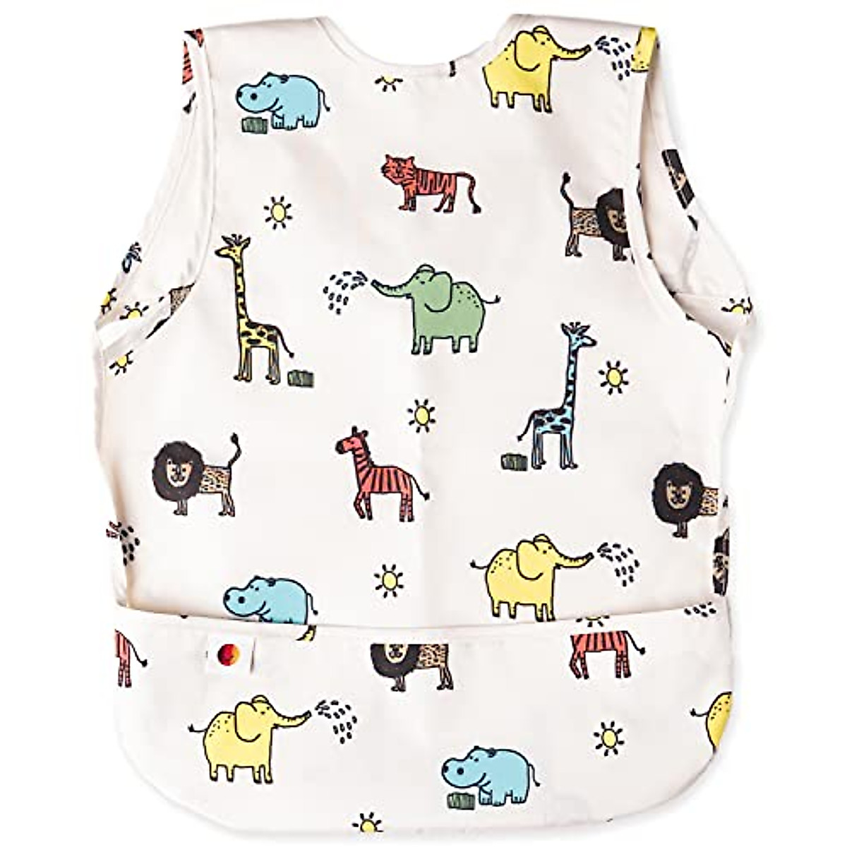 Baby Bib for Boys and Girls w/Food Catcher Pocket - Waterproof, Wipe Clean, Machine Wash, Fast Drying Feeding Smock - Recycled Polyester - Animal Print Suitable for Babies to Toddlers