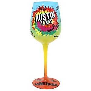 Top Shelf Multicolored Austin Texas Frosted Wine Glass ; Decorative Gift Ideas for Friends and Family ; Hand Painted ; For Red or White Wine