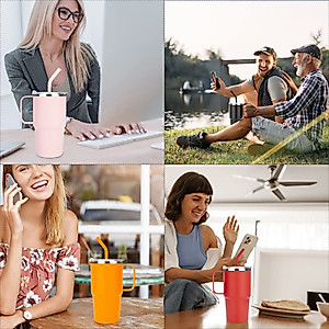 Sursip 24 oz Insulated Cup with Handle, Double Wall Vacuum Stainless Steel Tumbler with Straw and 2 Lids, For Cold/Hot Drinks, Coffee Travel Mug for Car/Home/Office/Party/Camping (Pink-2 Pack)