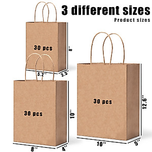 JOHOUSE 90PCS Brown Paper Bags with Handles, 3 Assorted Sizes Mixed Sizes Bulk Kraft Paper Gift Merchandise Bags for Business Shopping Retail Birthday Grocery Craft Take Out