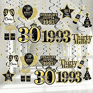 36PCS Black Gold 30th Birthday Decorations Hanging Swirls for Men Women,Happy 30th Birthday Party Supplies Vintage 1993 Foil Swirls,Thirty Year Old Birthday Ceiling Hanging Decorations Sign Decor