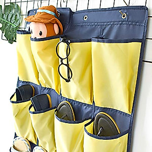 HeyToo Over The Door Shoe Organizer 16 Large Oxford Fabric Pockets Accessory Storage Hanging Narrow Closet Wall Navy and Yellow