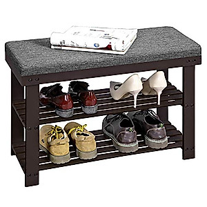 SONGMICS Bamboo Shoe Bench, 2-Tier Shoe Rack, Stable Shoe Organizer for Entryway, Living Room, Bench Seat Holds Up to 330 lb, 11.4 x 28 x 19.3 Inches, Brown and Gray ULBS604CG