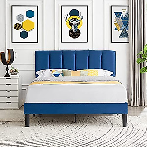 VECELO Full Size Bed Frame, Upholstered Platform Bedframe, Adjustable Headboard, Wood Slat Support, No Box Spring Needed, Easy Assembly, Blue