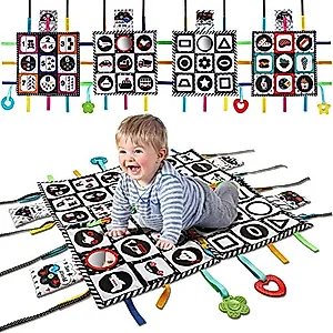 teytoy Tummy Time Floor Mirror, Double High Contrast Play and Pat Activity Mat Black and White Baby Crinkle Toys with Teether, Great Gift for Infants Boys and Girls -Pack of 4
