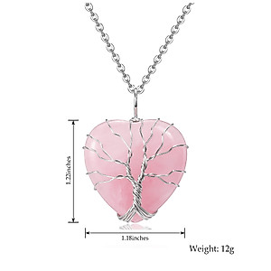 Top Plaza Natural Rose Quartz Healing Crystal Necklace Silver Life Tree Wire Wrapped Heart Shape Stone Pendant for Women Ladies Mothers Day Gifts