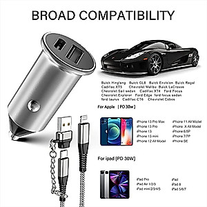 30W USB-C & USB-A Dual Port Car Charger Power Delivery Fast Auto Charging with Apple MFi Certified 3ft USB-C to Lightning Cable and USB Adapter for iPhone 14/13/12/X/Xs/XR/Pro Max/Mini, iPad, AirPods