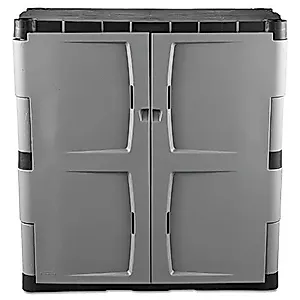 Rubbermaid Freestanding Storage Cabinet with Doors, 18"D x 36"W x 37"H, Medium, Gray/Black, Two-Shelf Lockable Cabinet for Indoor/Outdoor/Garage Storage for Garden Tools/Lawn Care Accessories