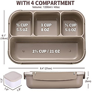 Bento Box Adult Lunch Box, Lunch Containers for Adults Men Women with 4 Compartments, Lunchable Food Container with Utensils, Sauce Jar, Muffin Liners, 40 Oz/5 Cup, Microwave & Dishwasher Safe, Brown