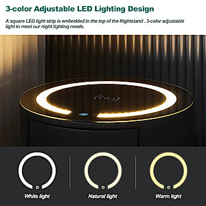 CLIPOP Modern Nightstand with 3 Drawers, Smart Nightstands with Wireless Charging Station, Adjustable Led Light, Faux Leather Surface Bedside Table No Assembly, Dark Grey